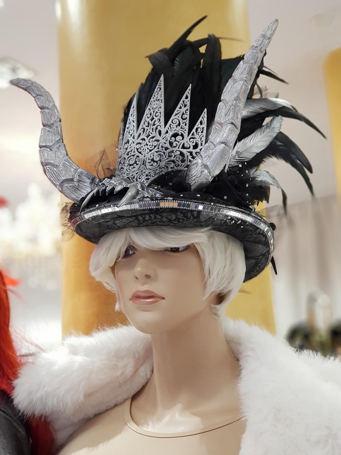 Majestic Black and Gold King Top Hat With Horns and Feathers – Elegant ...