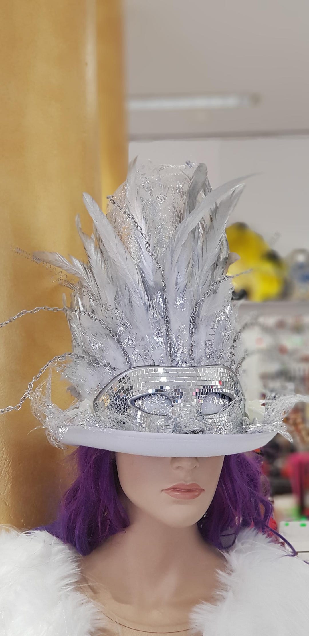 Medusa Gorgona Inspired White Top Hat – Silver Feathers, Mirror Mask ...
