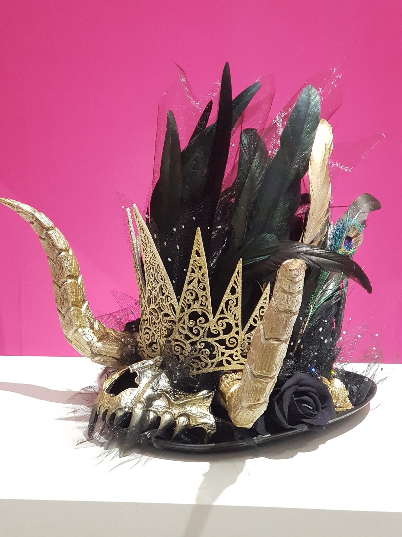 Majestic Black and Gold King Top Hat With Horns and Feathers – Elegant ...