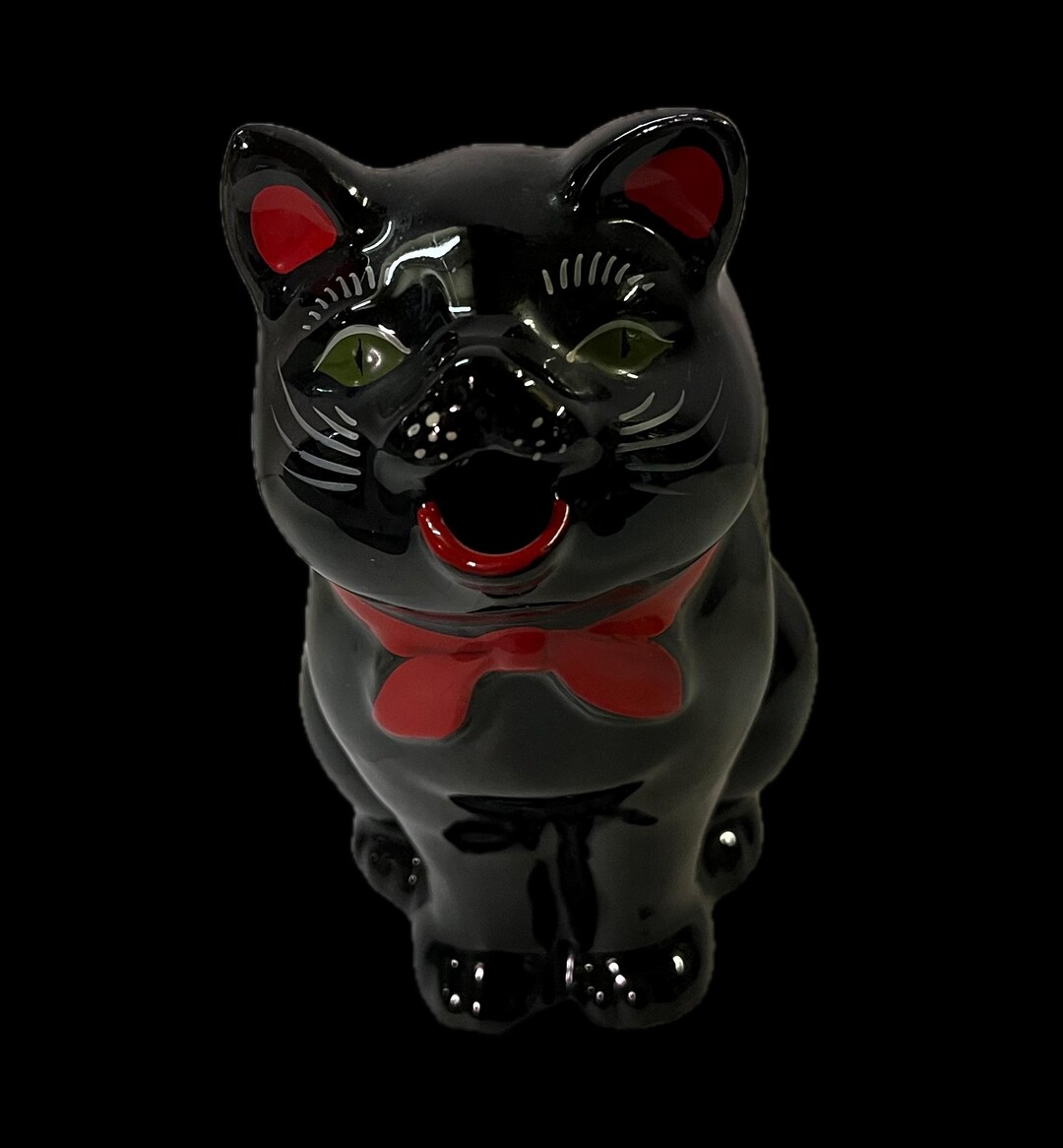 Vintage Redware Black Cat Pitcher Shafford Japan Kitty Green Eyes Mid ...