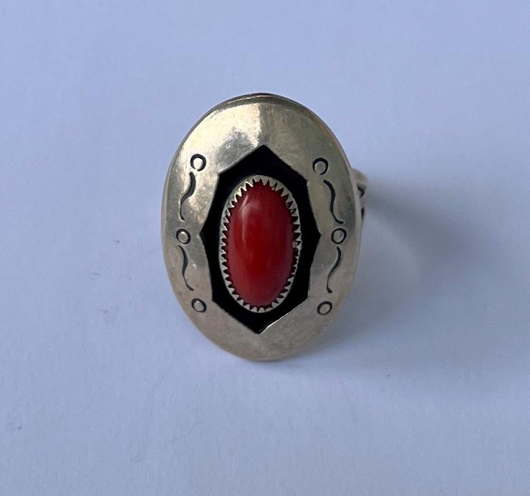 Vintage Silver Red Coral Navajo Shadow Box Ring Sz 7 Old Pawn ...