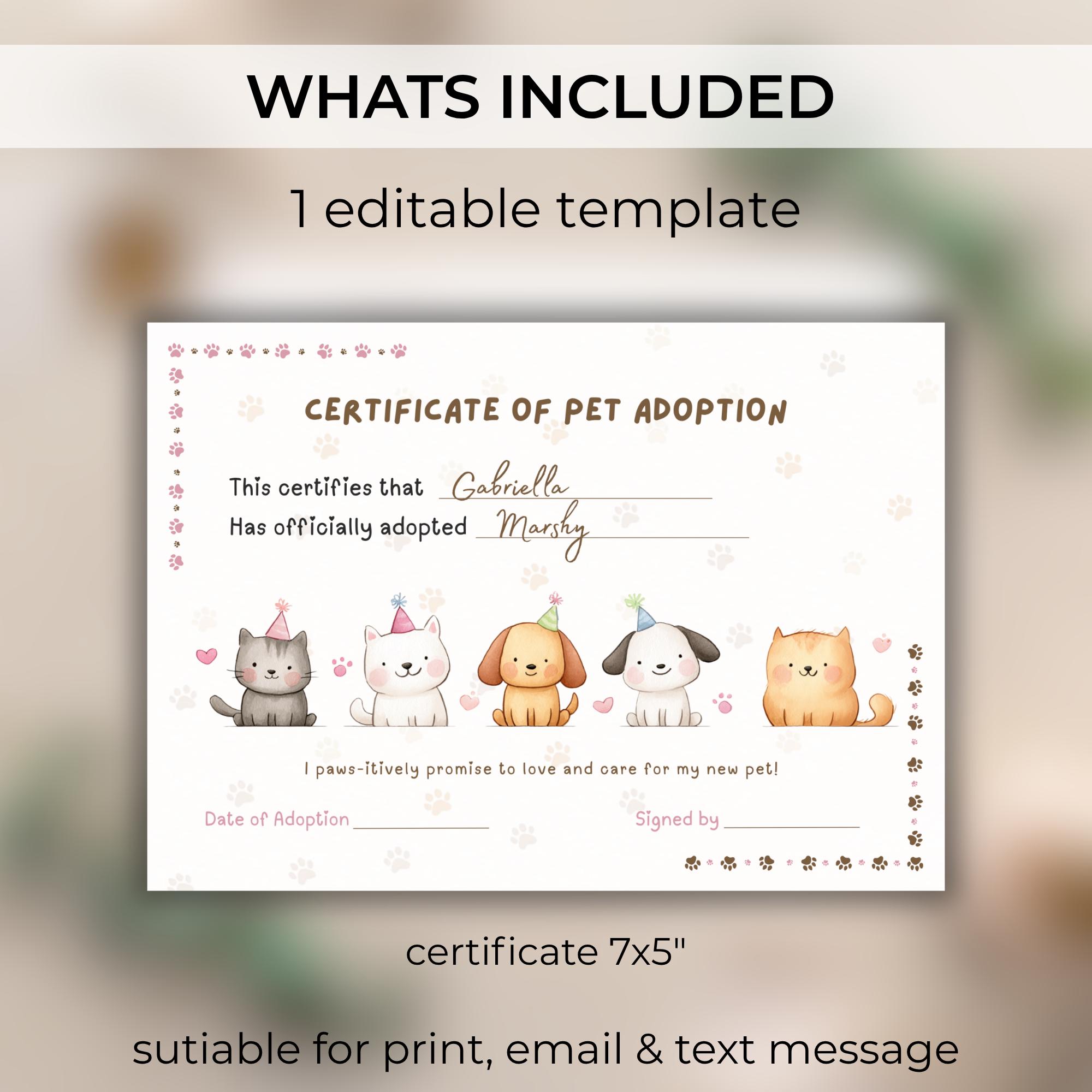 Editable Pet Adoption Certificate Template • Puppy Kitten Custom Award ...