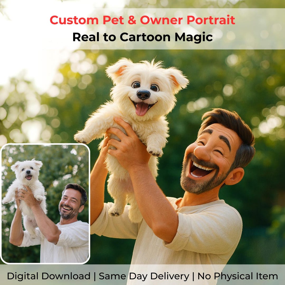 Pixar Style Pet & Owner Cartoon Portrait: Personalized Digital Art ...