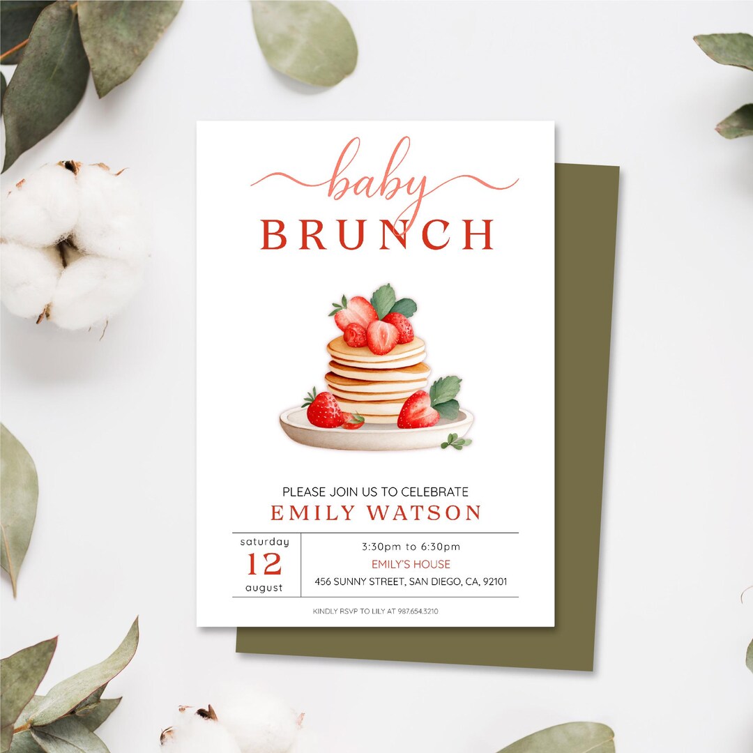 Editable Baby Brunch Invitation Template – Pancake Strawberry Theme ...