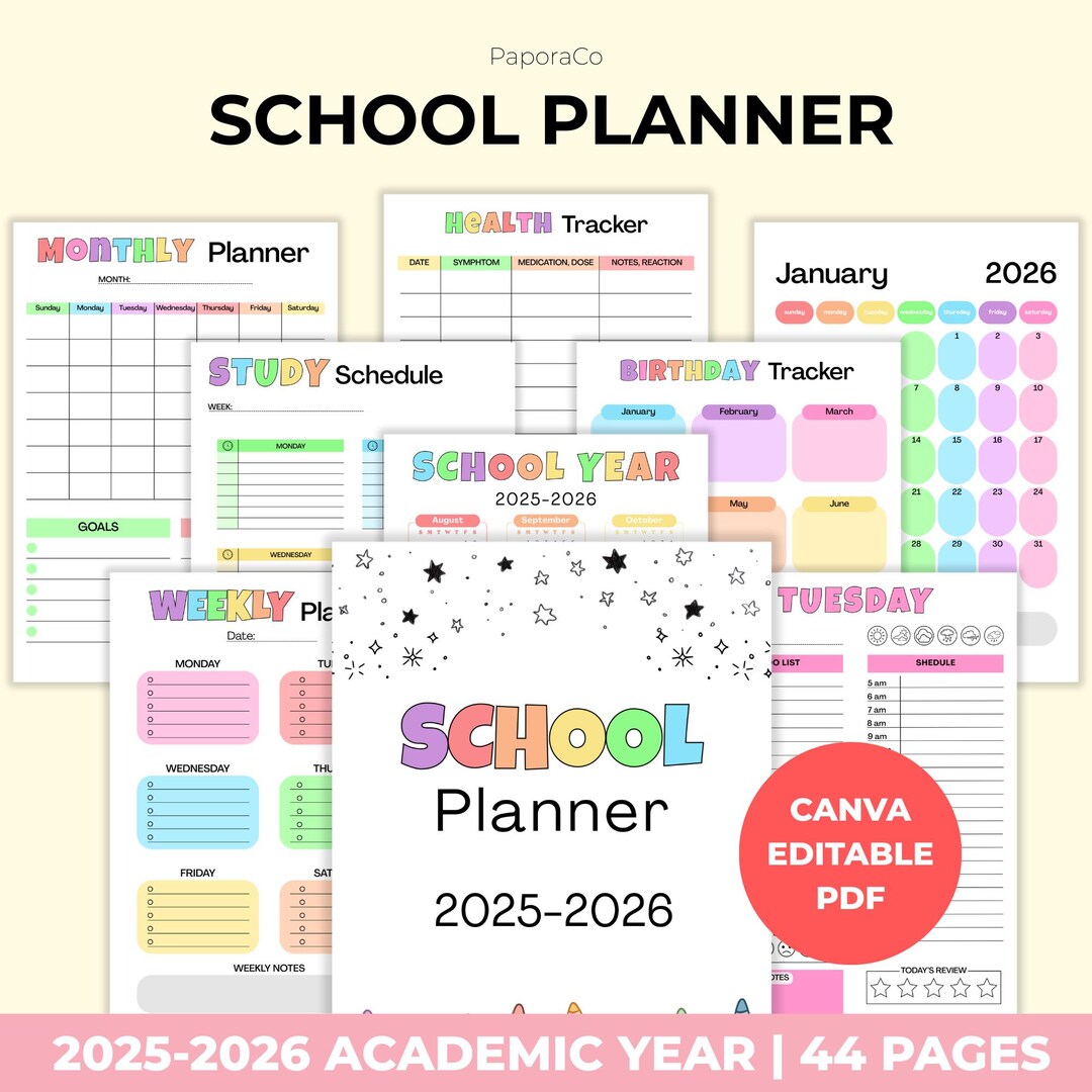 Editable School Planner for Kids 2025-2026, Printable, Digital PDF ...