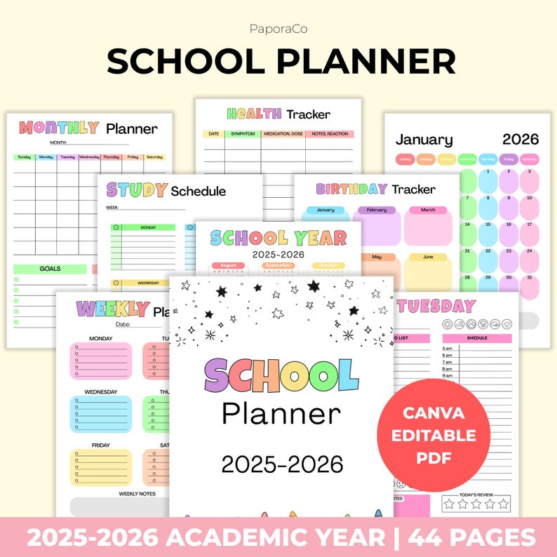 Editable School Planner for Kids 2025-2026, Printable, Digital PDF ...