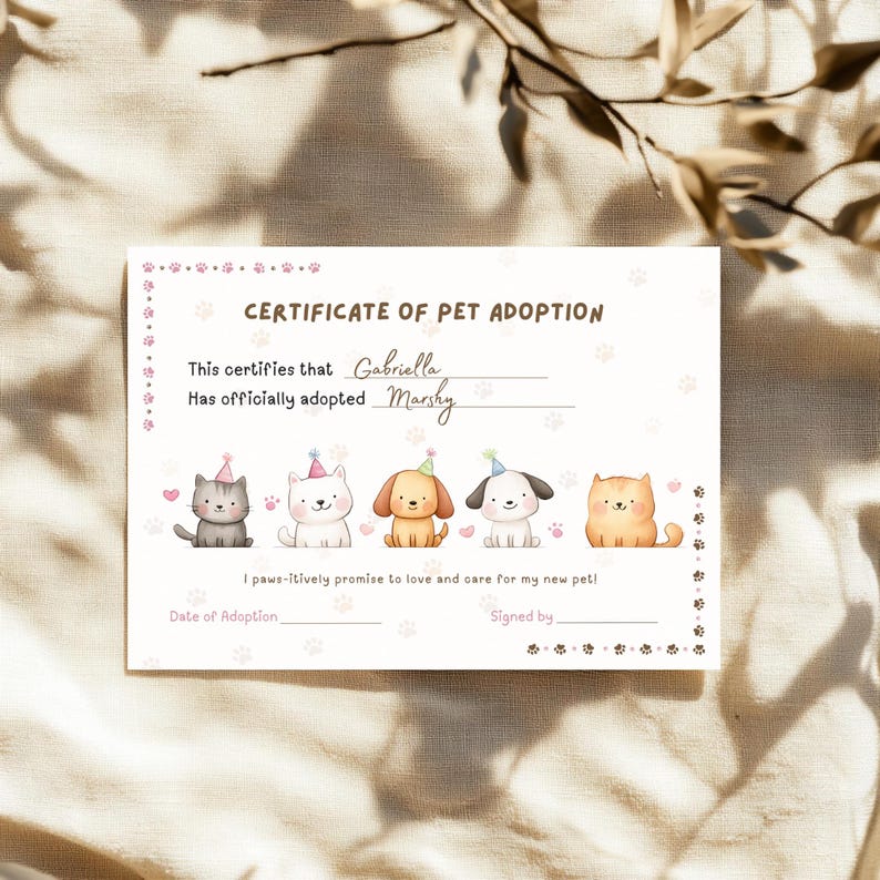 Editable Pet Adoption Certificate Template • Puppy Kitten Custom Award ...