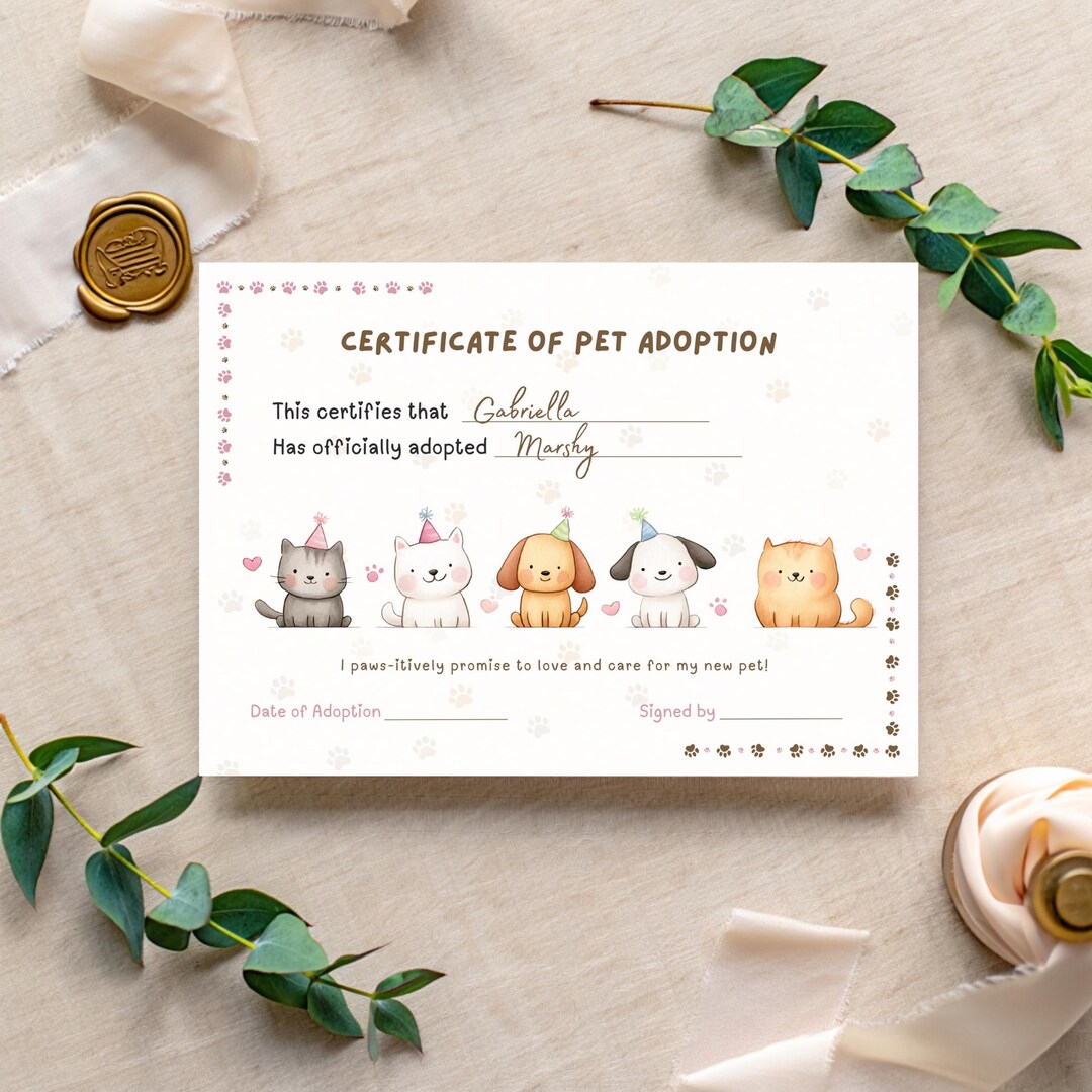 Editable Pet Adoption Certificate Template • Puppy Kitten Custom Award ...