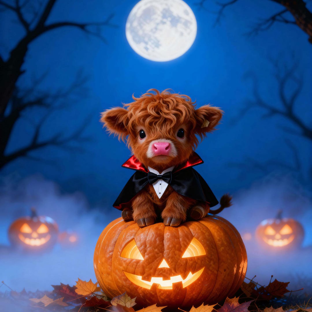 Halloween Highland Cow Printable Art, Vampire Dracula Costume, Spooky ...