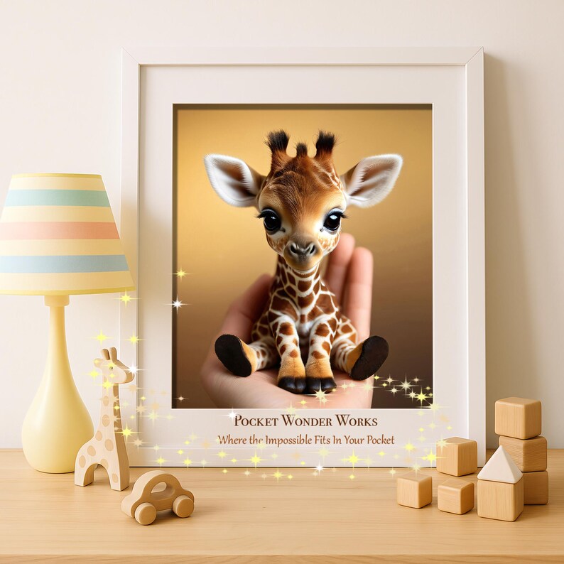 Cute Baby Giraffe Printable Art, Miniature Giraffe in Hand, Safari ...