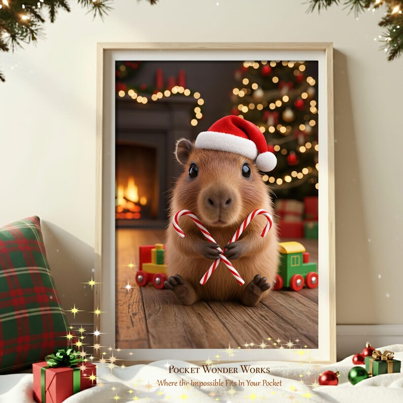Christmas Baby Capybara Printable Art, Cute Santa Hat Holiday Decor ...