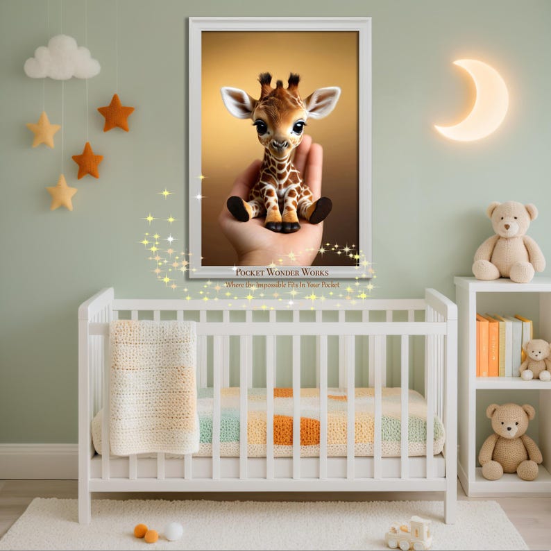 Cute Baby Giraffe Printable Art, Miniature Giraffe in Hand, Safari ...