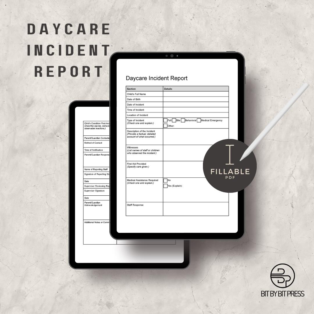 Daycare Incident Report Template - Fillable PDF for Quick and Easy ...