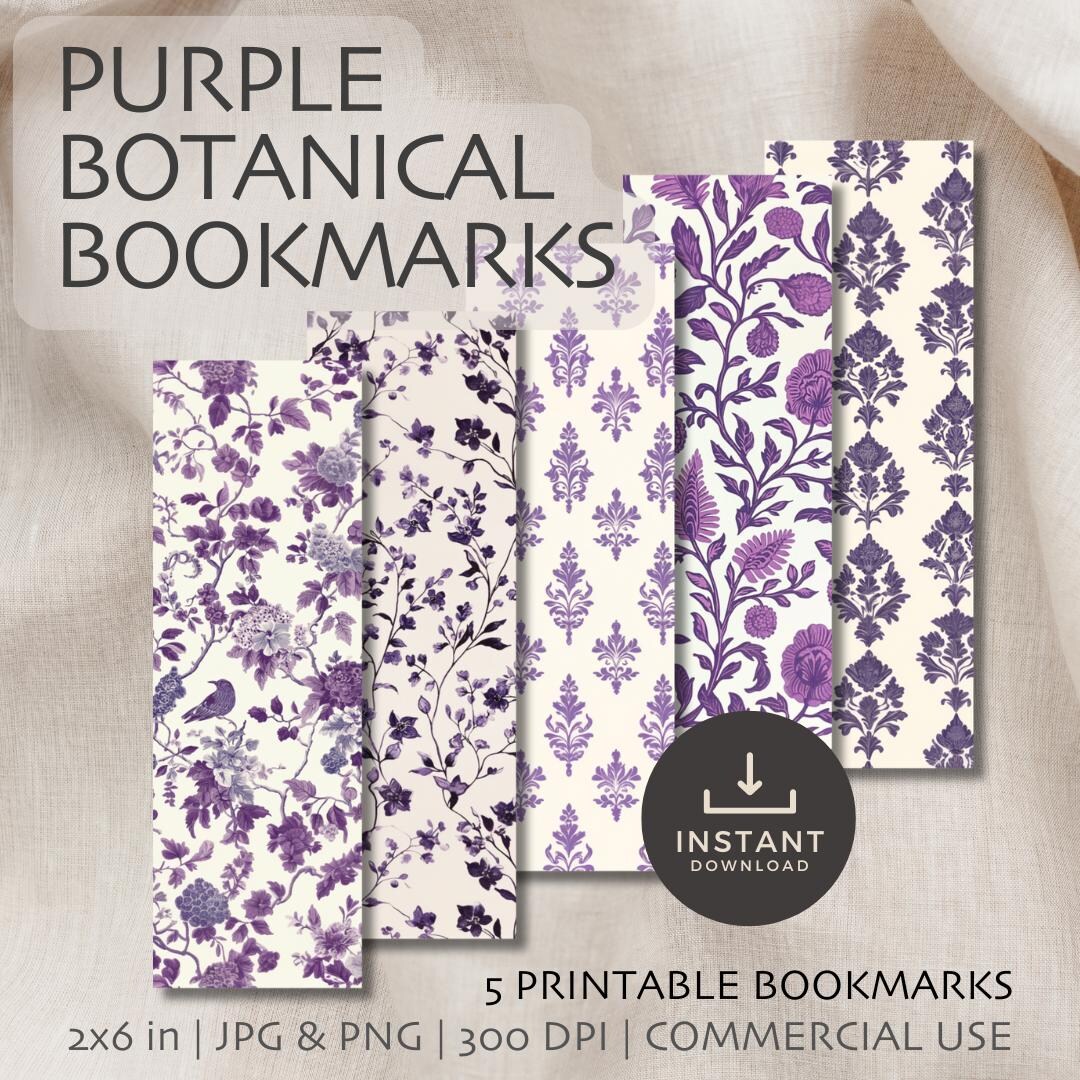 5 Purple Botanical Printable Bookmarks | Digital Download JPG Bookmark ...
