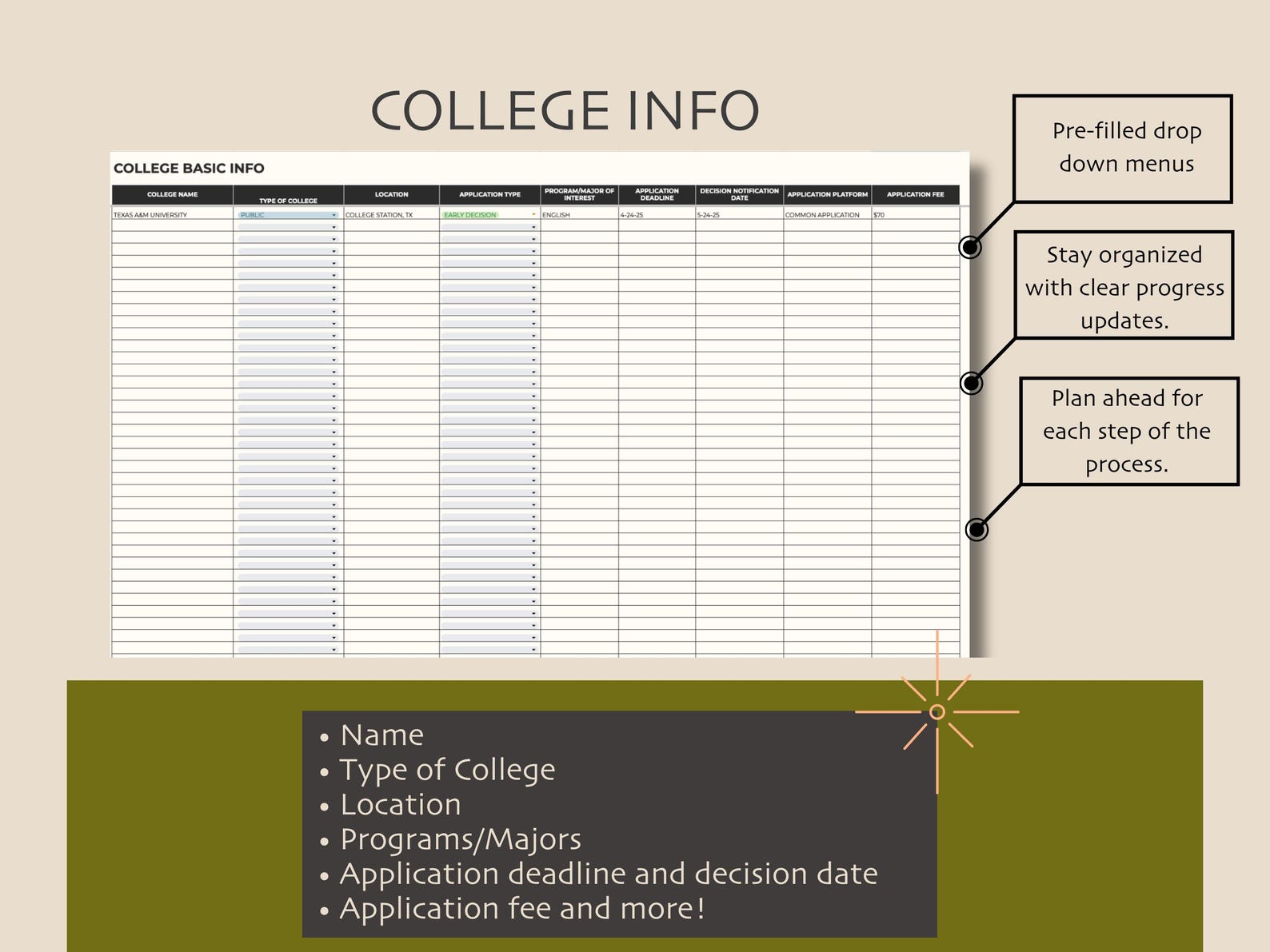 Comprehensive College Application Tracker Template - Google Sheets - Etsy