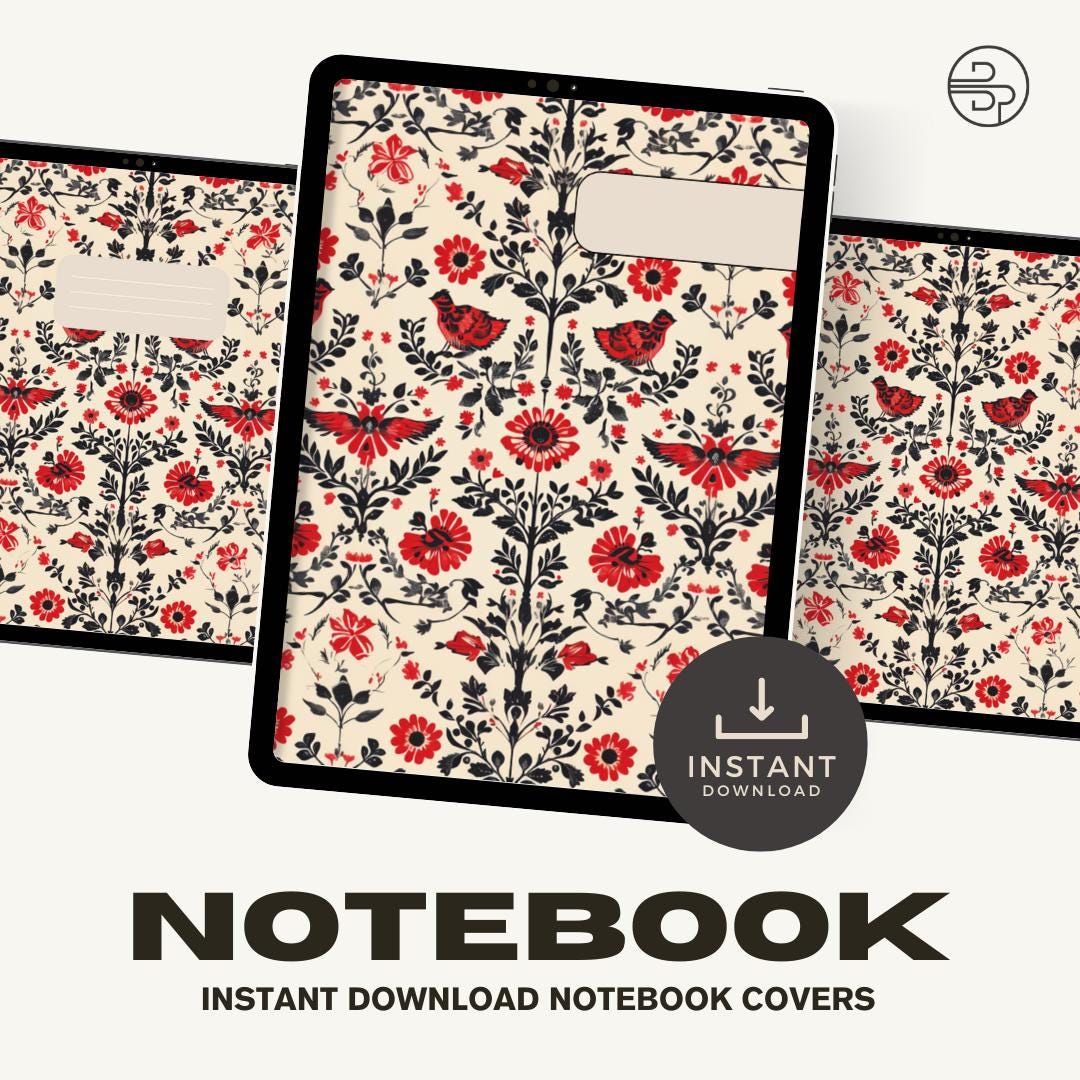 Cardinal Song Folk Floral Digital Notebook Cover – Instant Download ...