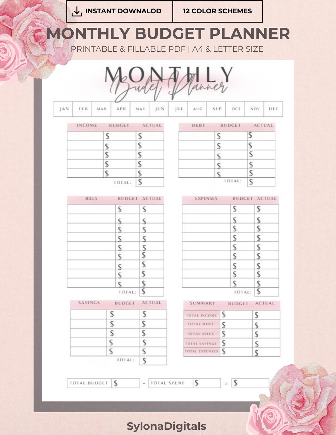 Monthly Budget Planner | 12 Color Schemes | A4 & Letter Size | Editable ...