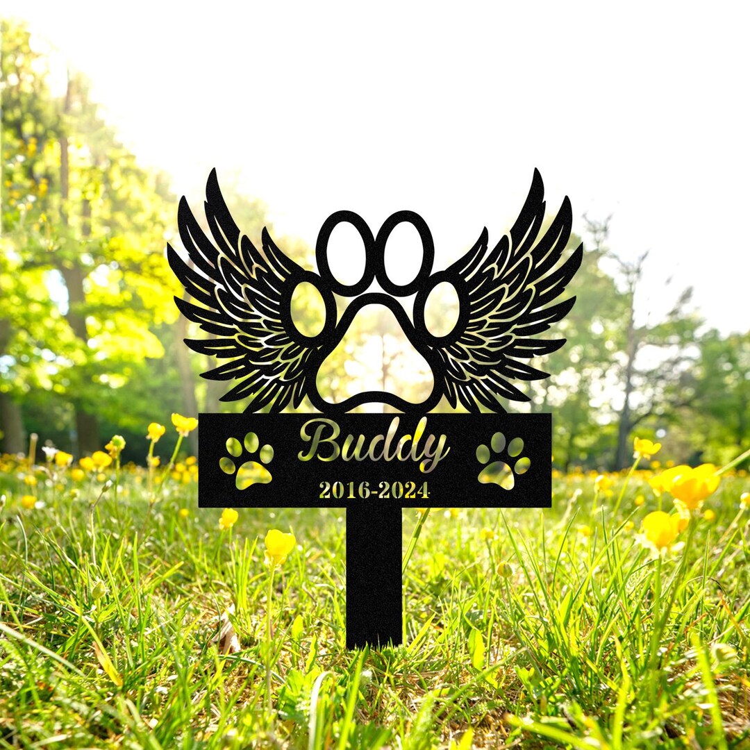 Custom Memorial Pet Stake With Wings, Pet Pawprint Sign, Pawprint Angel ...