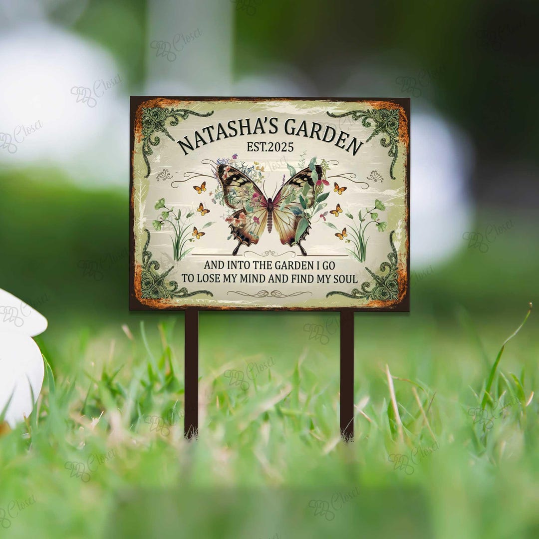 Personalized Garden Sign, Butterfly Yard Sign, Vintage Metal Garden ...