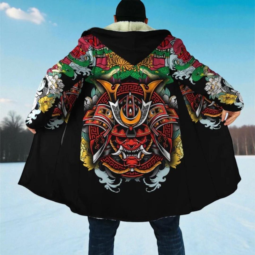 Samurai Oni Warrior Cloak, Japanese Mask Art Hooded Coat Unisex, Dragon ...