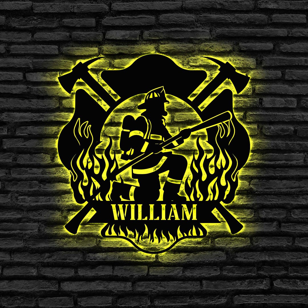 Personalized Firefighter Metal Art Led Light, Firefighter Metal Sign ...