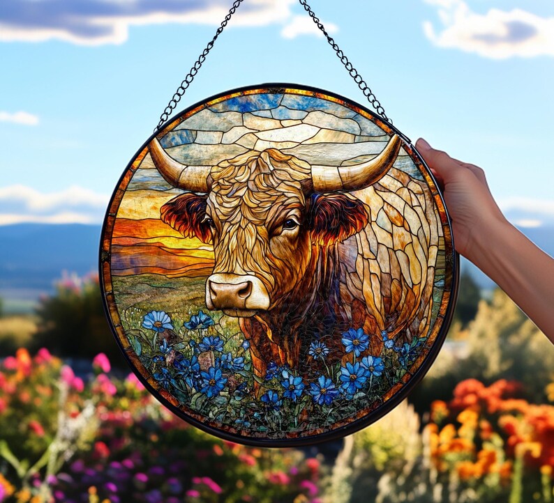 Highland Cow Suncatcher Stained Glass, Farmhouse Decor Suncatcher ...