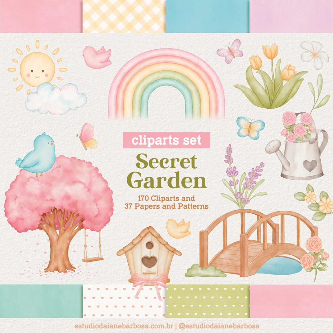 Secret Garden Watercolor Cliparts, Spring Cliparts, Butterflies ...