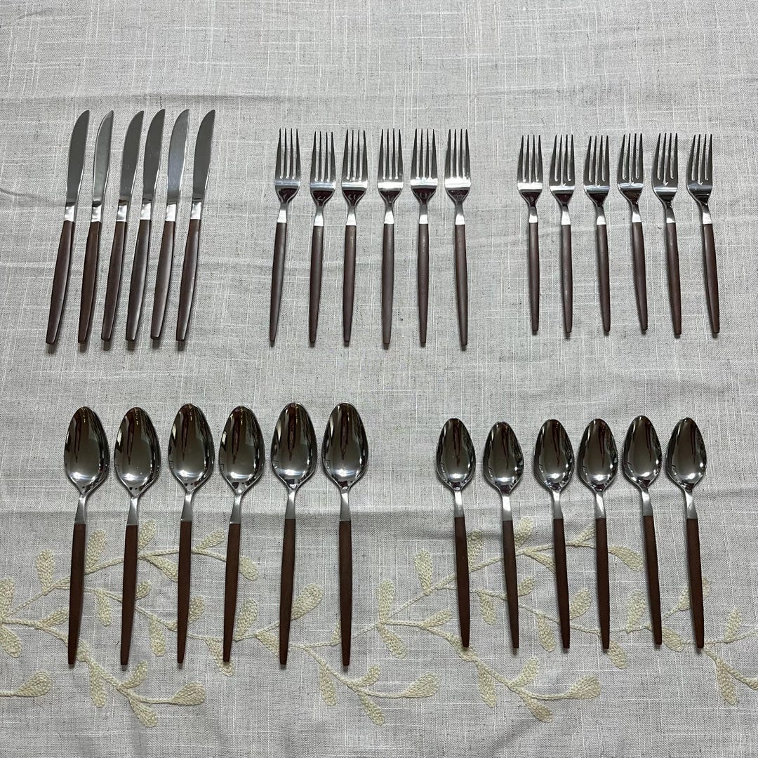 EKCO Eterna Mid-century Faux Wood Handle Flatware Set, Vintage Flatware Set, Danish Modern ...