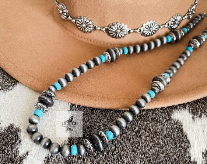 24' Turquoise Rondelle and Navajo Style Pearl Necklace, Western Jewelry ...