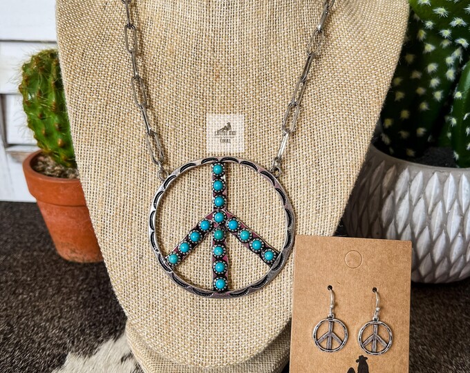Big Silver and Turquoise Peace Sign Necklace and Earrings Set, Western ...