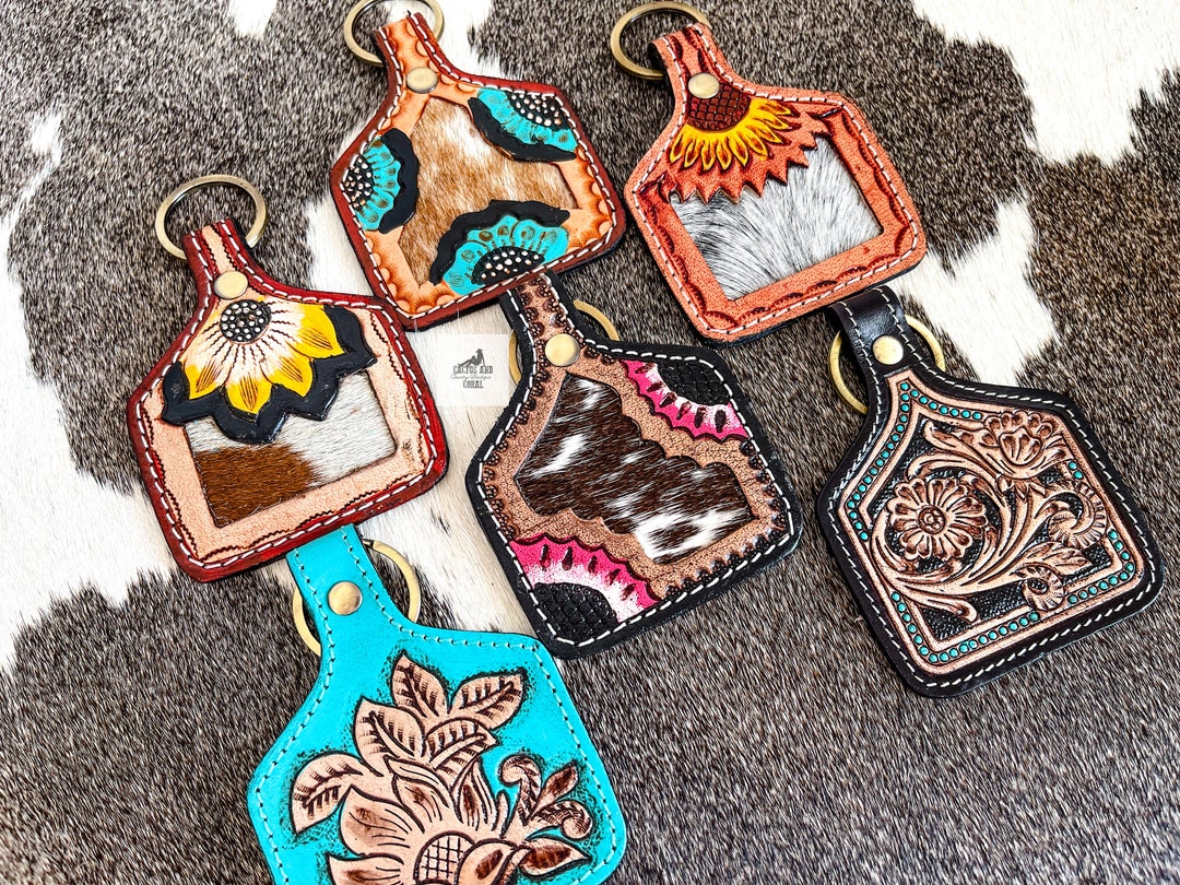 Western Leather Cowhide Keychain, Tooled Leather Key Fob, Western Purse ...