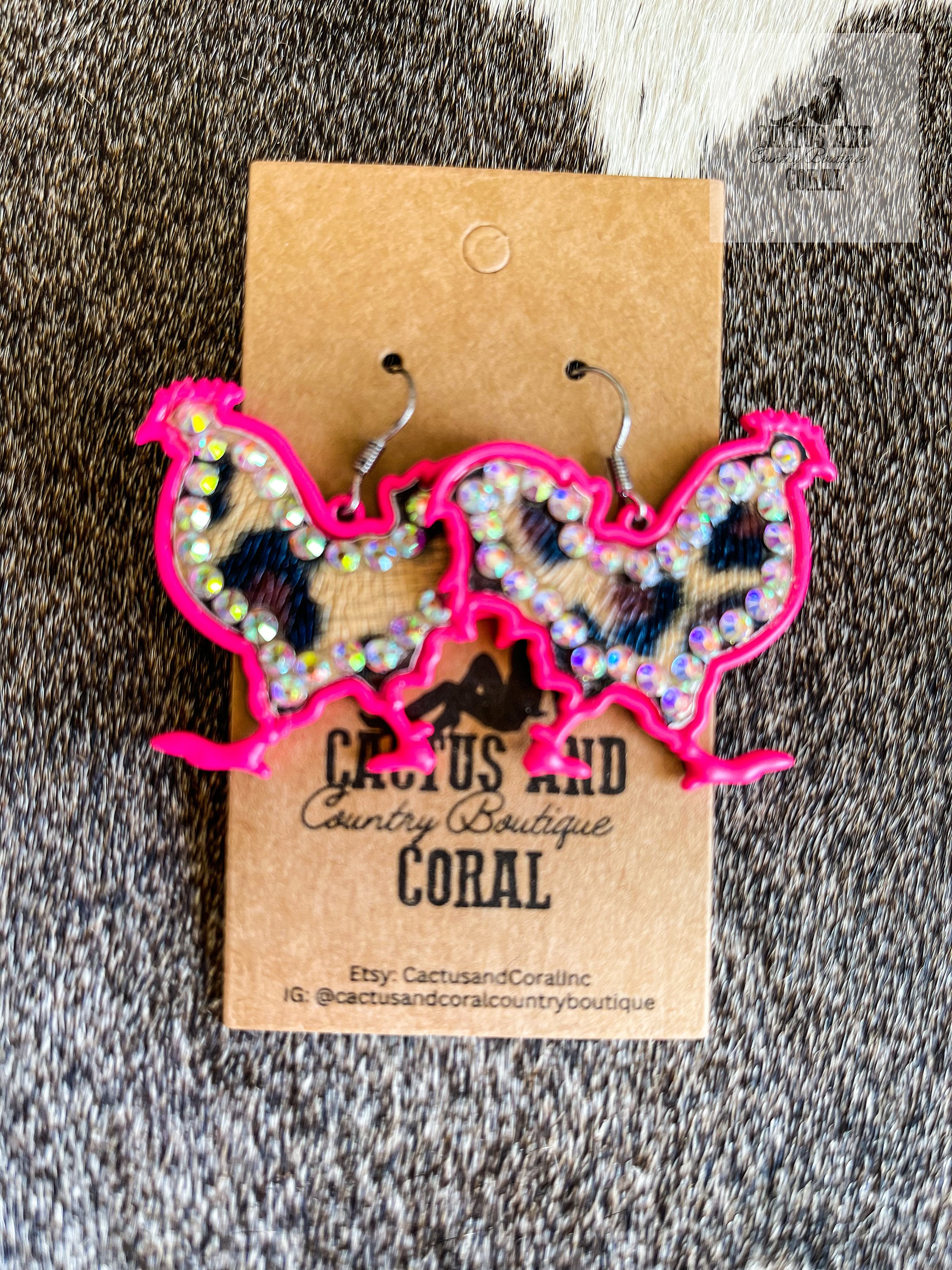 Chicken Rooster Earrings, Hot Pink or Black Leopard Chicken Rooster ...