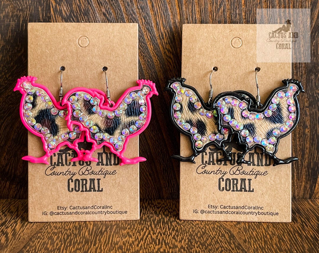 Chicken Rooster Earrings, Hot Pink or Black Leopard Chicken Rooster ...