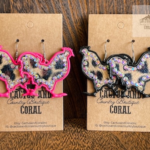 Chicken Rooster Earrings, Hot Pink or Black Leopard Chicken Rooster ...