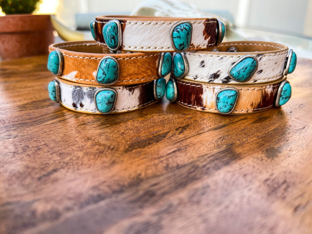 Turquoise and Genuine Leather Cowhide Cuff Bracelet - Etsy
