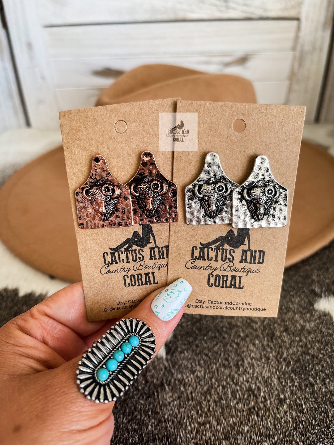 American Buffalo Cattle Tag Earrings, Silver and Copper Bison Earrings ...