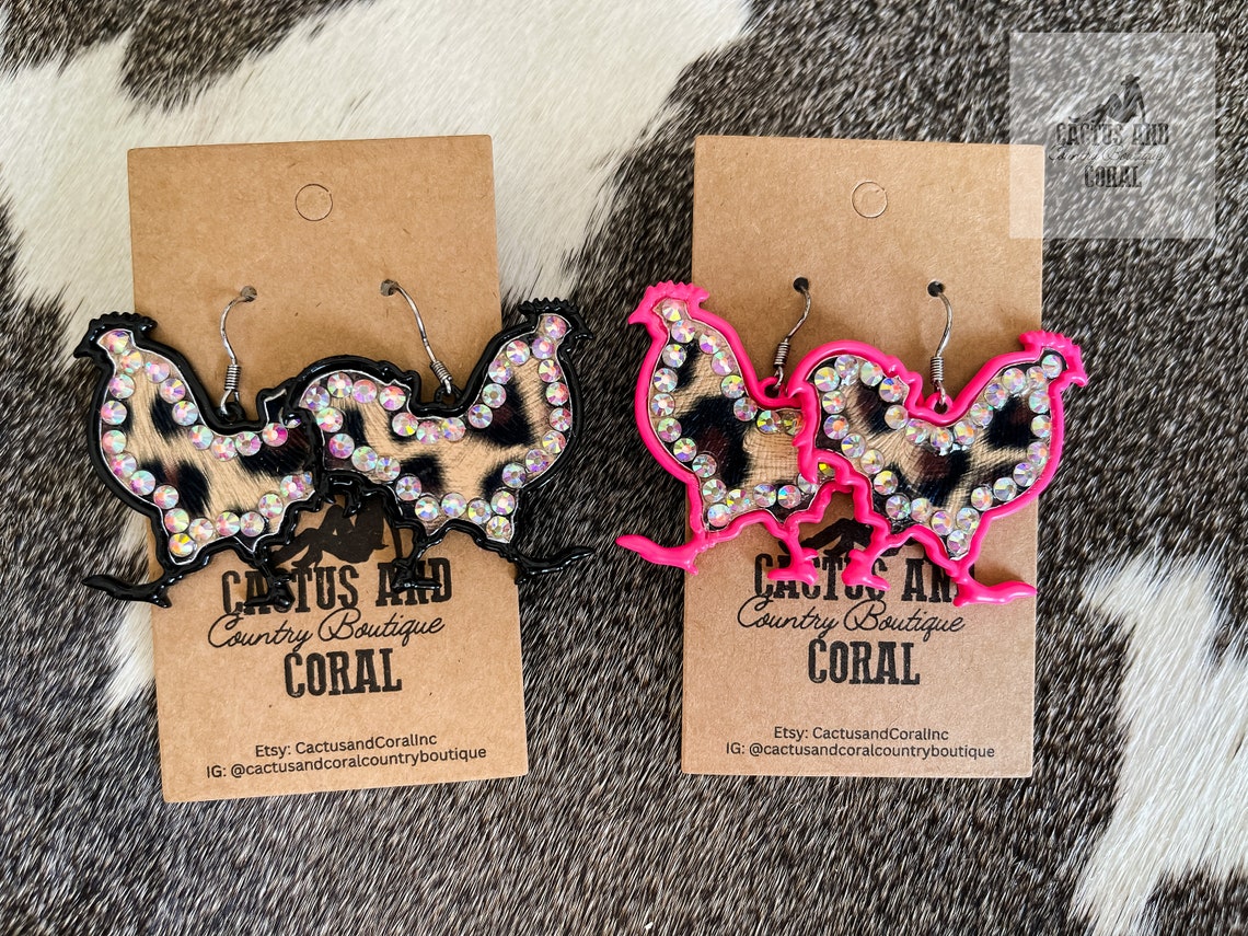 Chicken Rooster Earrings, Hot Pink or Black Leopard Chicken Rooster ...