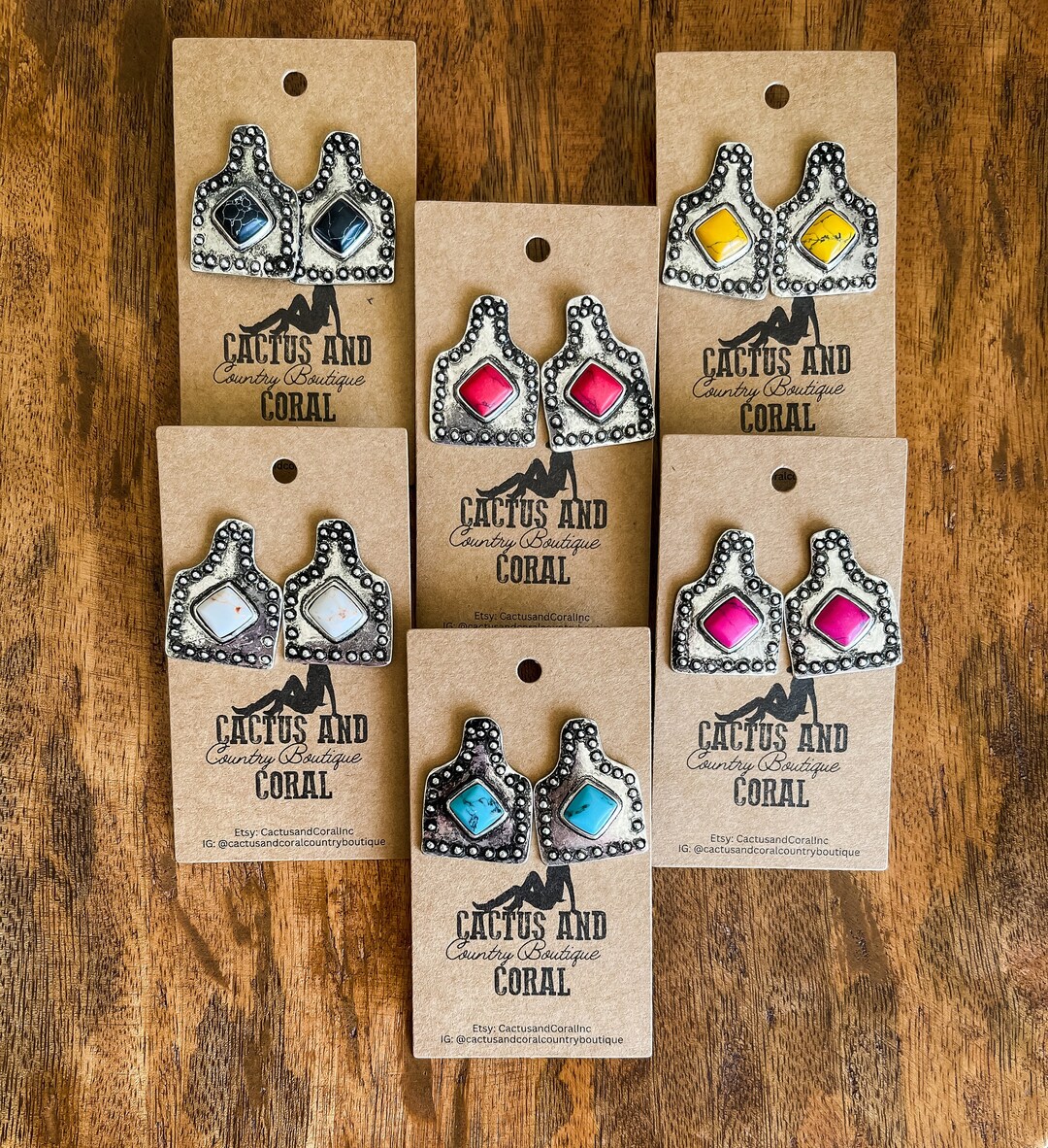 Silver Studded Natural Stone Cattle Ear Tag Stud Earrings, Western ...