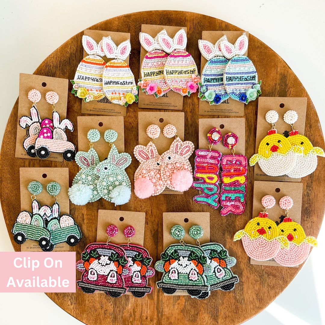 Easter Earrings, Easter Bunny Earrings, Easter Egg Earrings, Happy Easter Earrings, Sead Bead ...