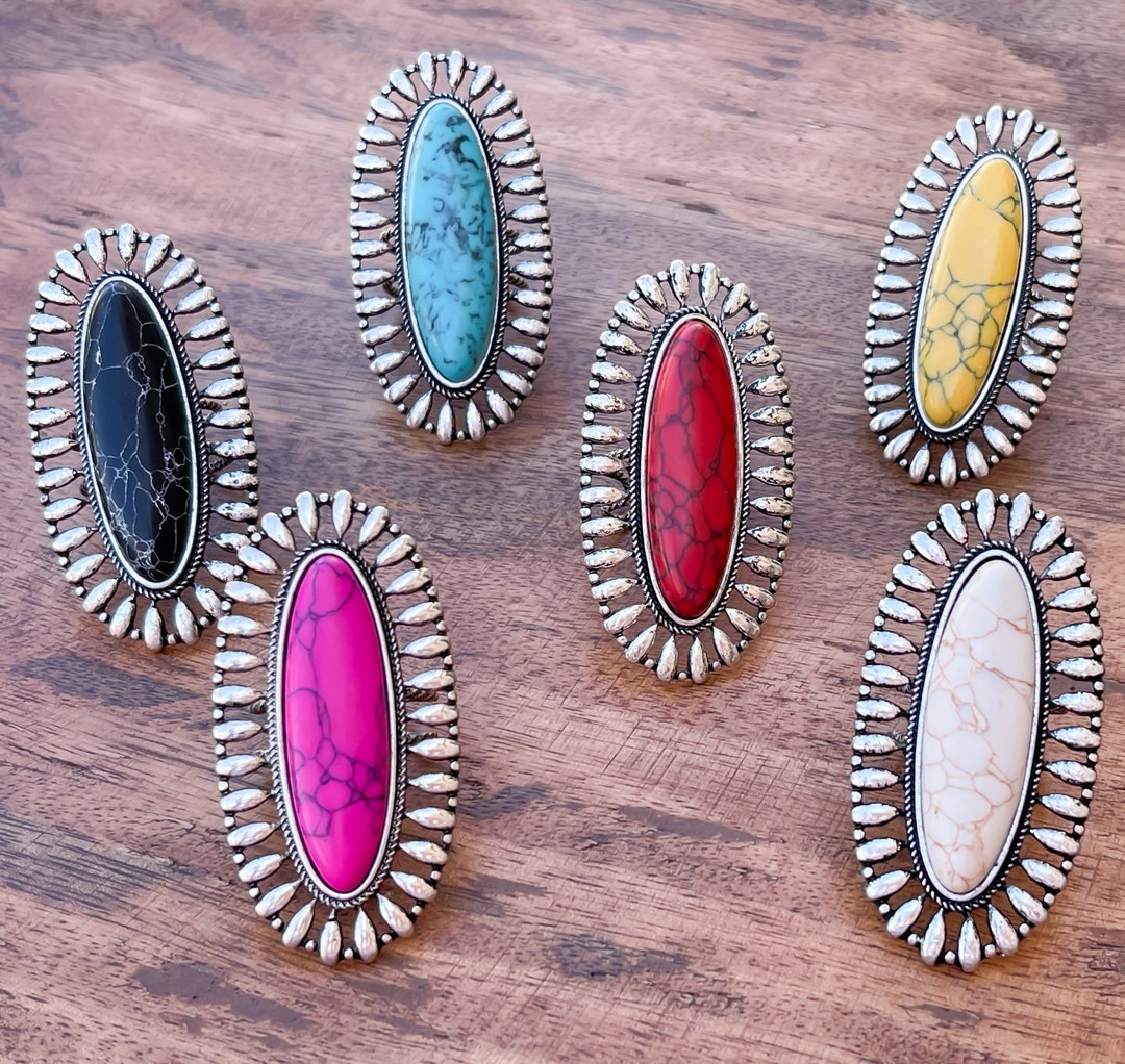 Western Stone and Silver Oval Statement Ring| Adjustable Big ...