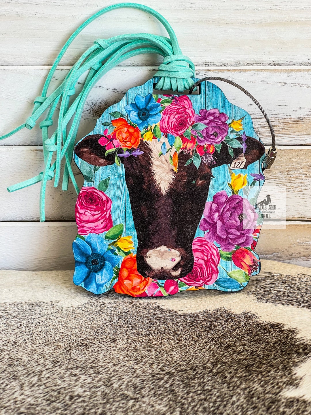 Leather Western Luggage Tag, Cow With Flower Crown, Blank Name Luggage ...