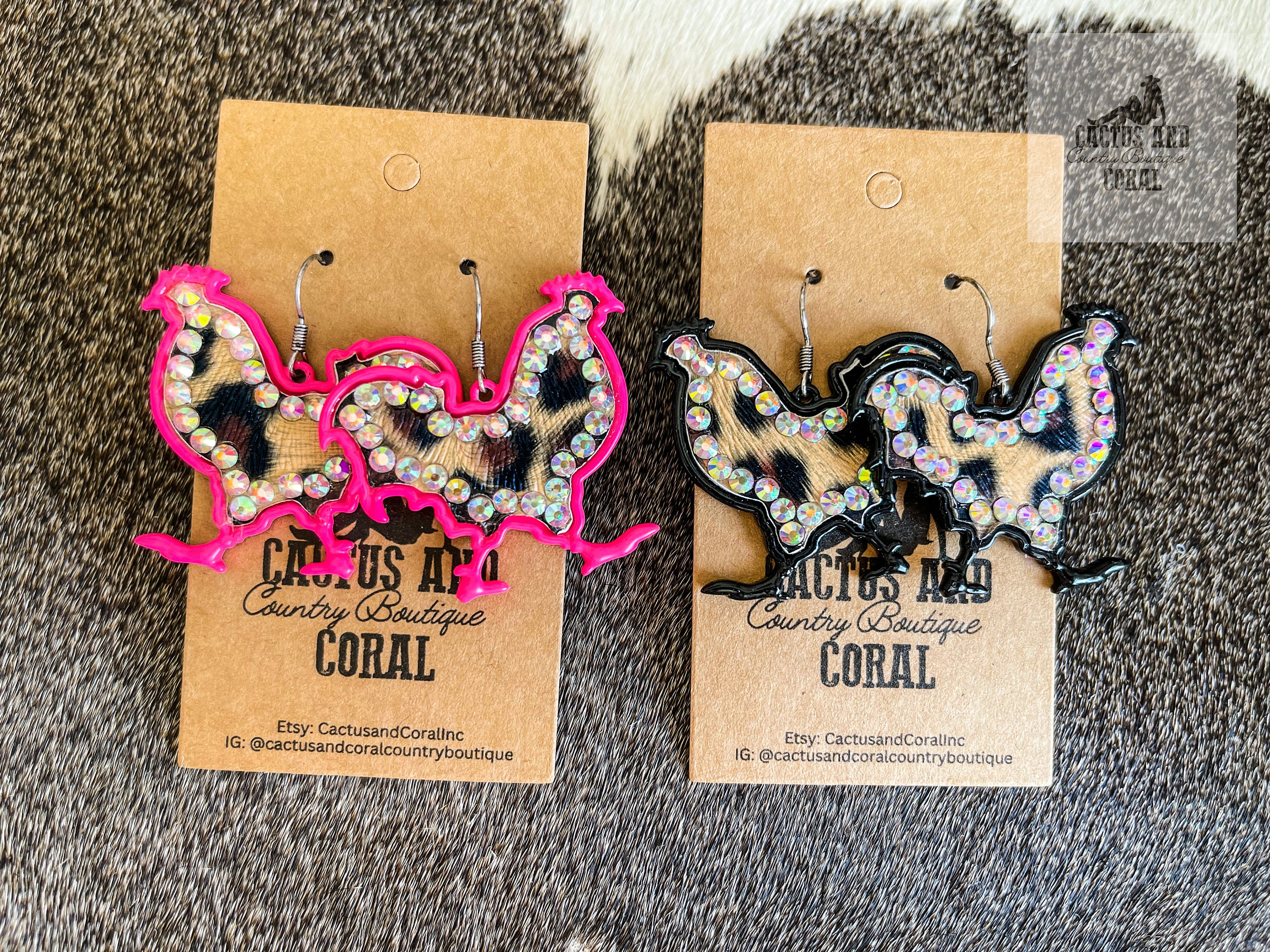 Chicken Rooster Earrings, Hot Pink or Black Leopard Chicken Rooster ...