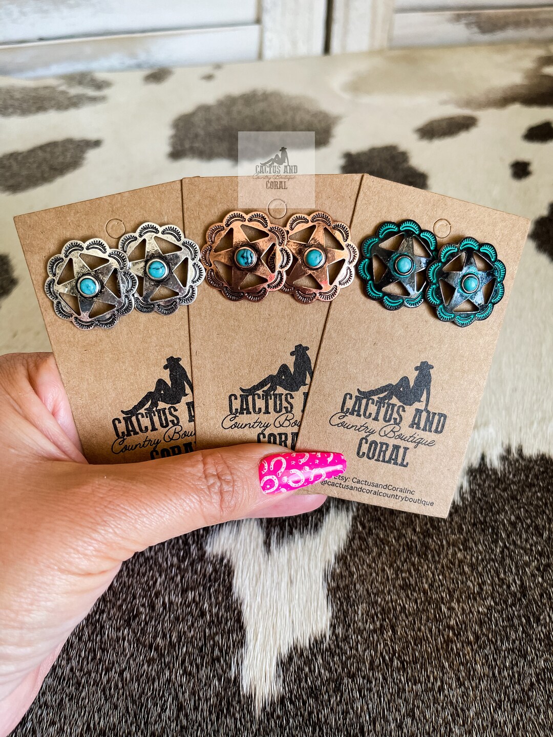 Texas Star Turquoise Concho Stud Earrings, Silver Turquoise Patina or ...
