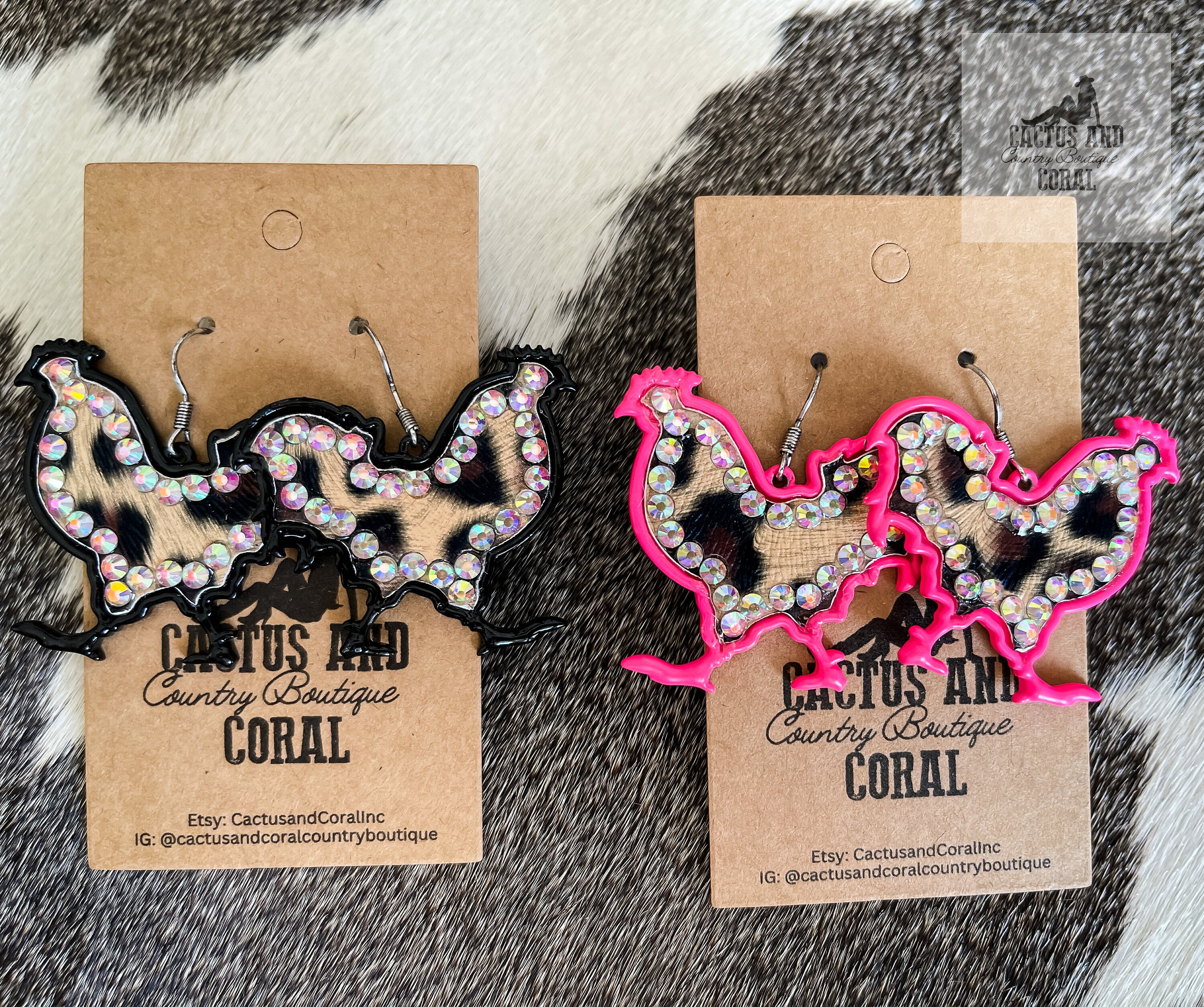 Chicken Rooster Earrings, Hot Pink or Black Leopard Chicken Rooster ...