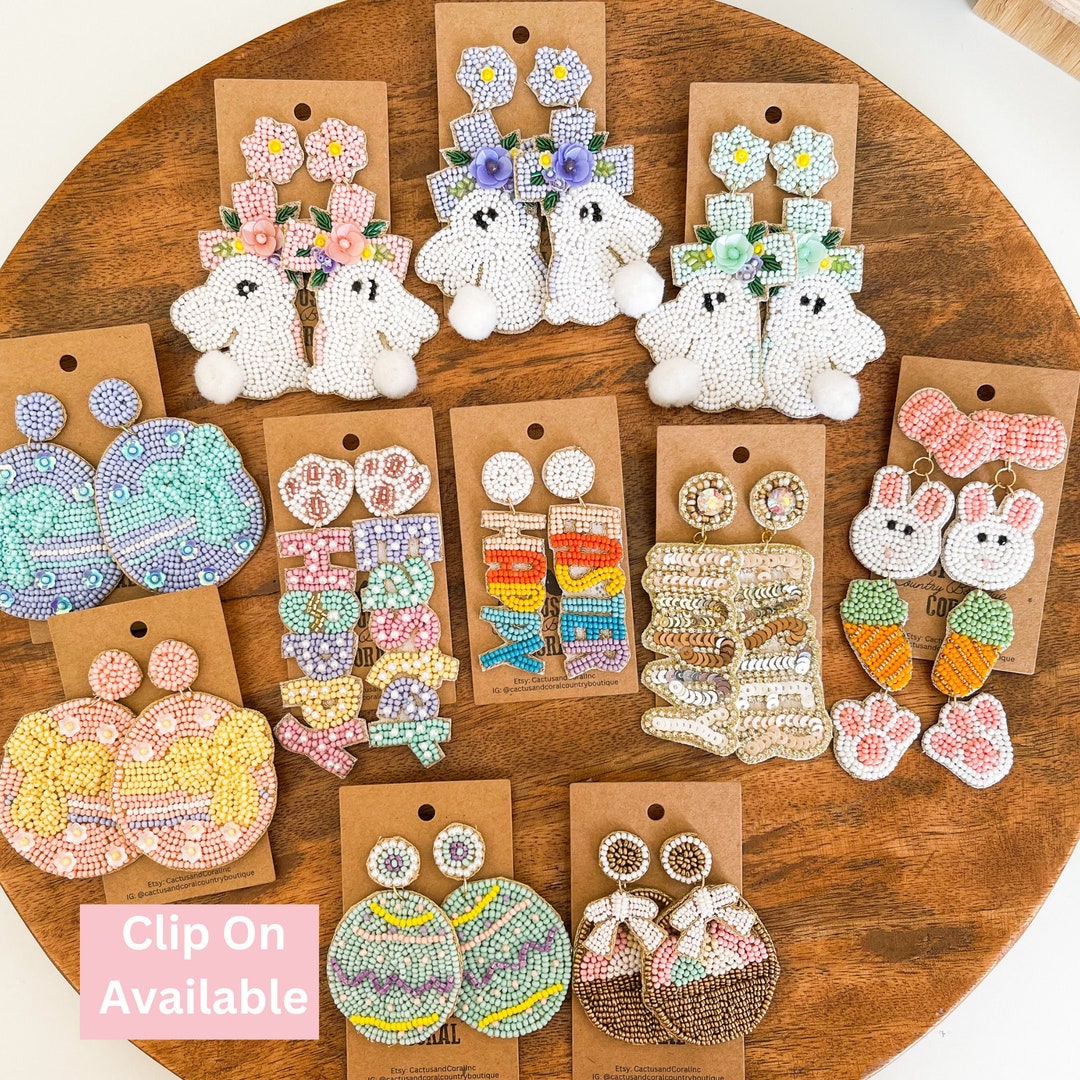 Easter Earrings, Easter Bunny Earrings, Easter Egg Earrings, Happy Easter Earrings, Sead Bead ...