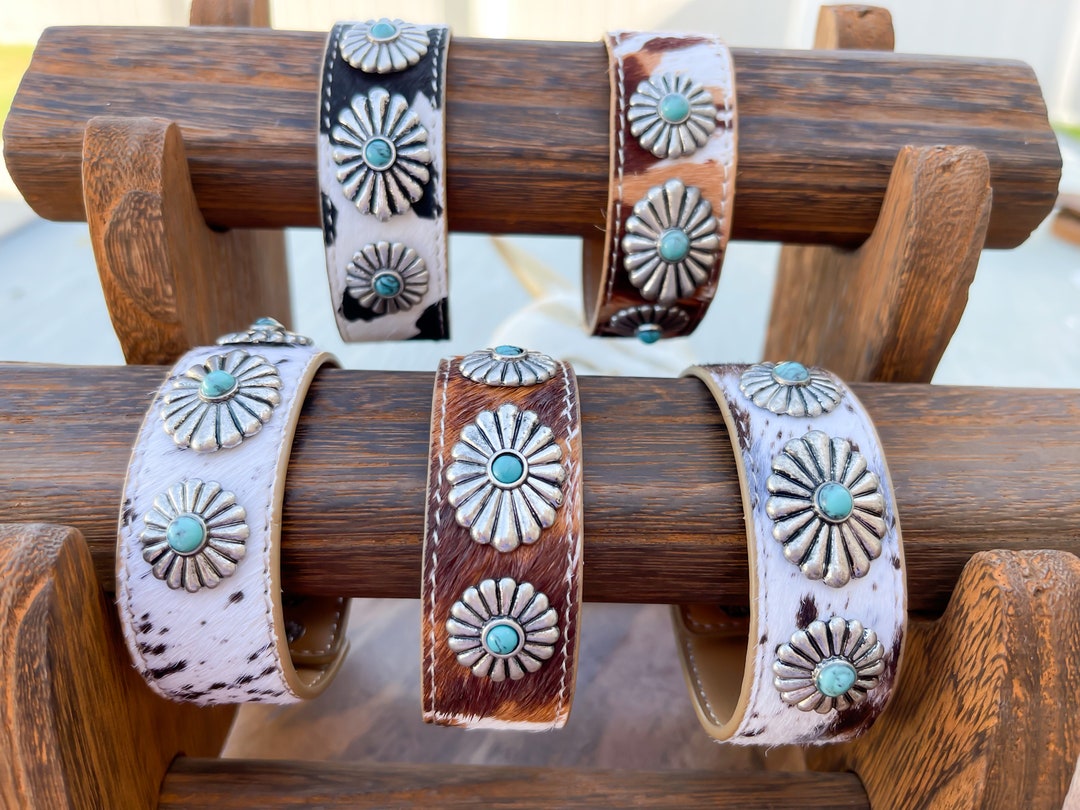 Triple Turquoise Concho Leather Cowhide Cuff Bracelet - Etsy
