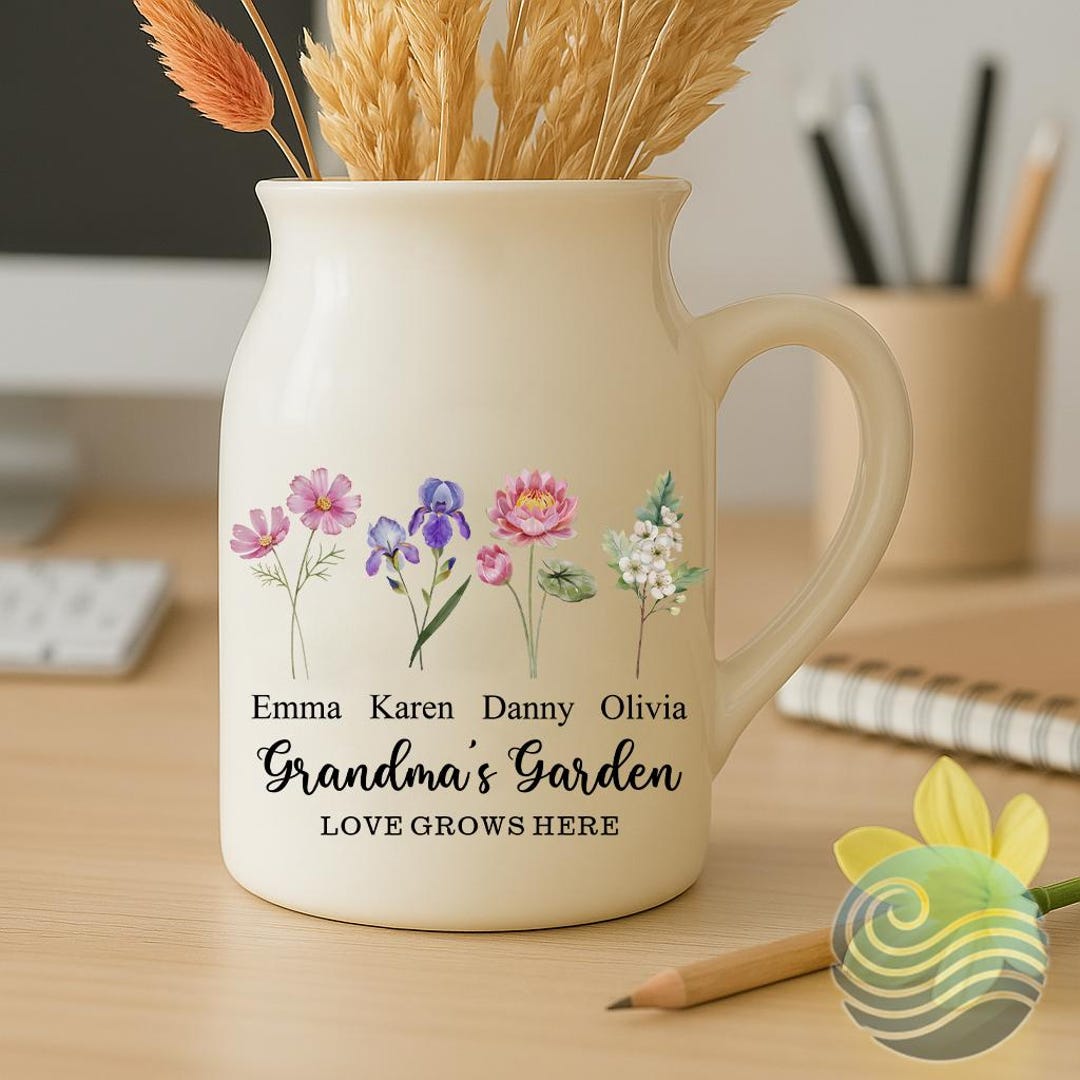 Custom Grandma Flower Vase – Birth Month Flowers With Grandkids’ Names ...