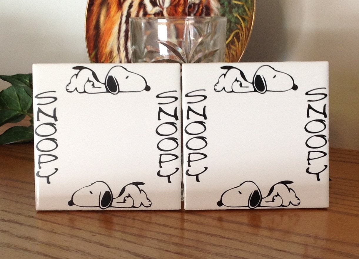 Snoopy Design Ceramic Tile Coasters 2 in Set - Etsy