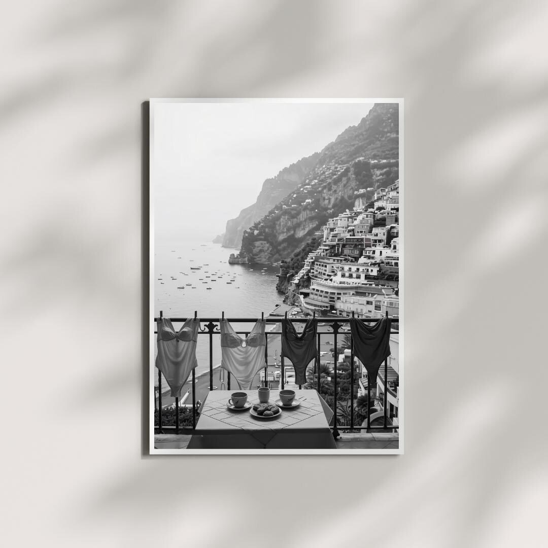 Positano View Breakfast Wall Art, Black and Whiteposter, Travel ...