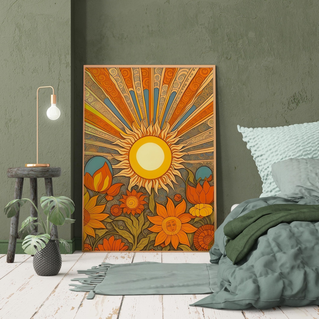 Vintage 70s Style Sunshine Flower Field Art Print 70s Flowers Hippie ...